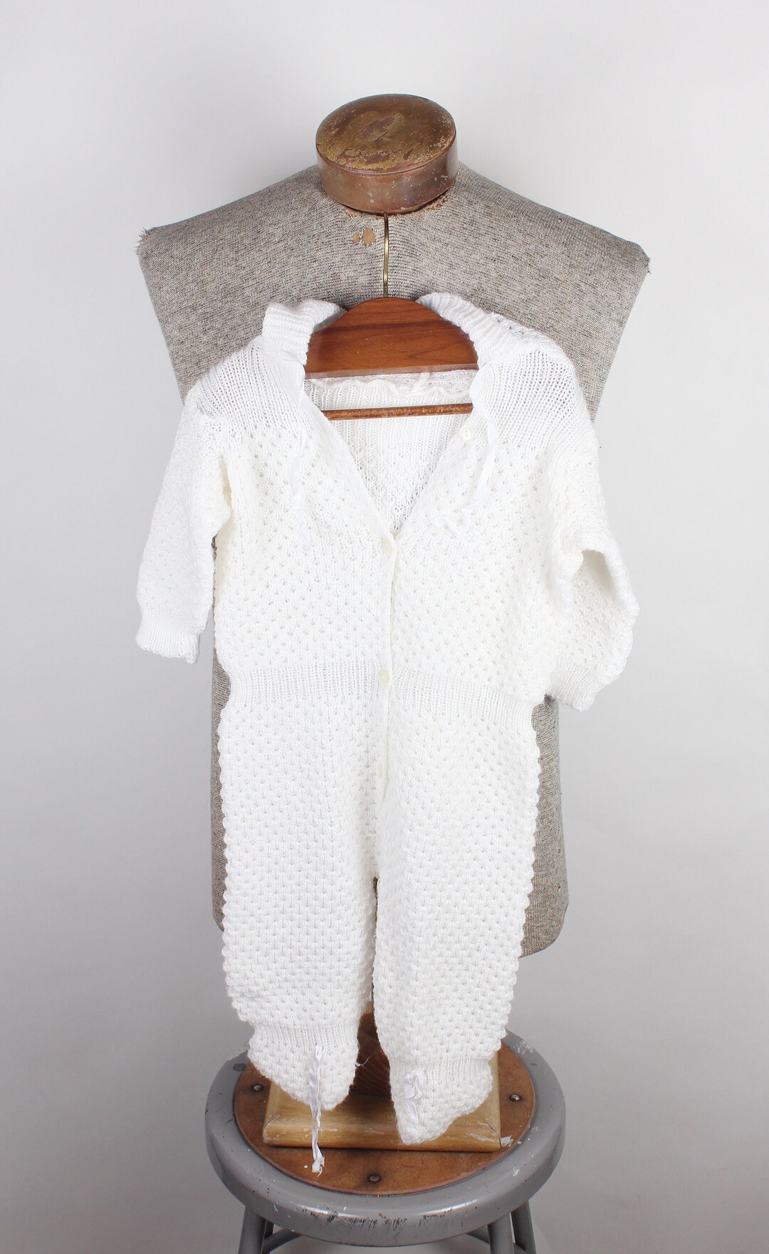 1960's Era Baby Snow Bunny White Knitted Hooded Onesie Size 18 Mo Mid ...