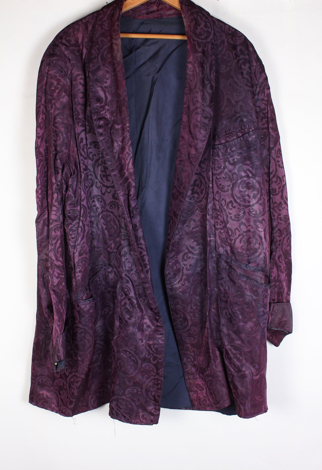 Early Purple Satin Men's Smoking Robe Coat Patterned Pockets Floral ...