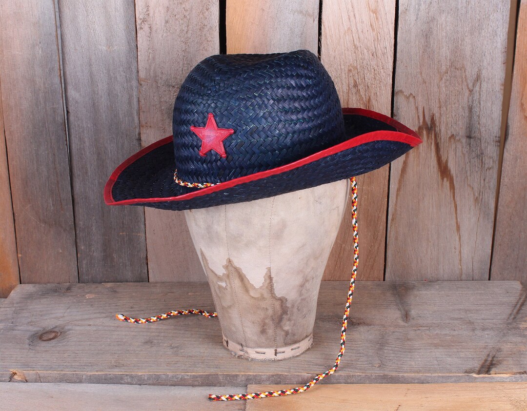 Vintage Navy Straw Adults Costume Cowboy Novelty Hat Sheriff Badge ...