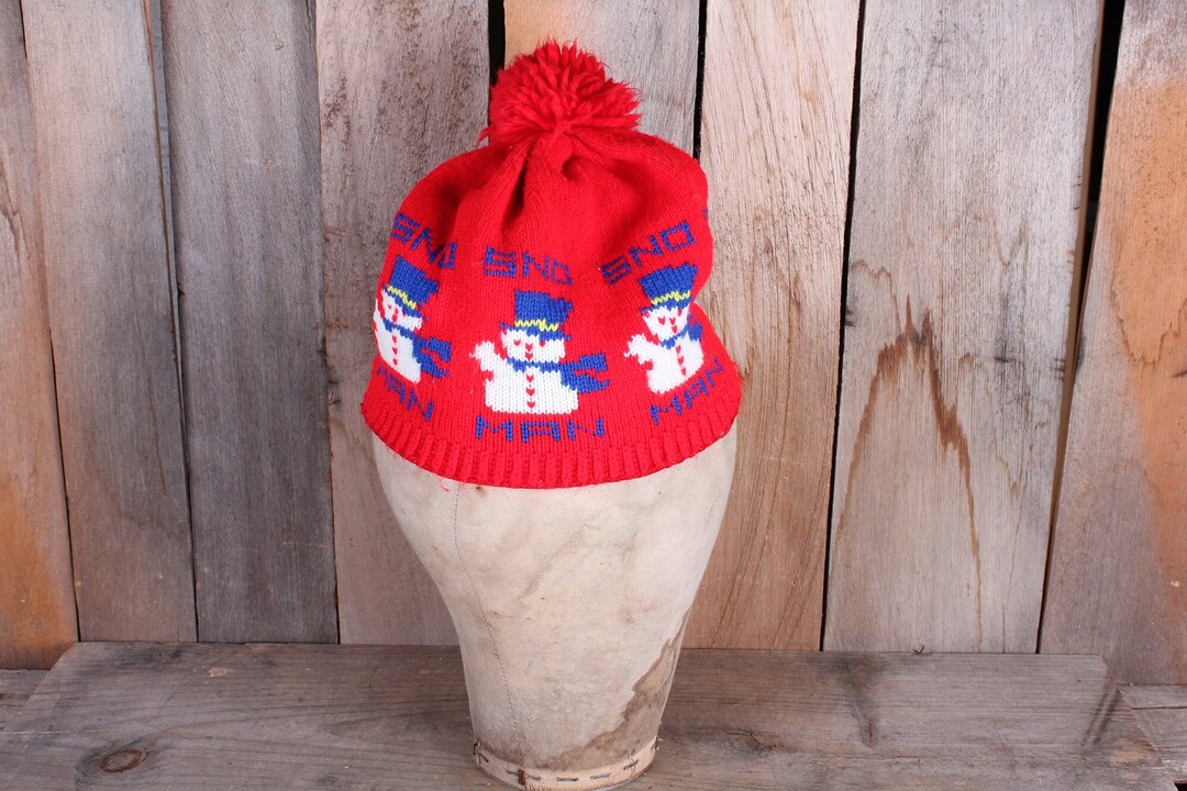 1980's Era Child's Sno Man Red Blue White Knit Winter Cap Ski Cap Hat ...