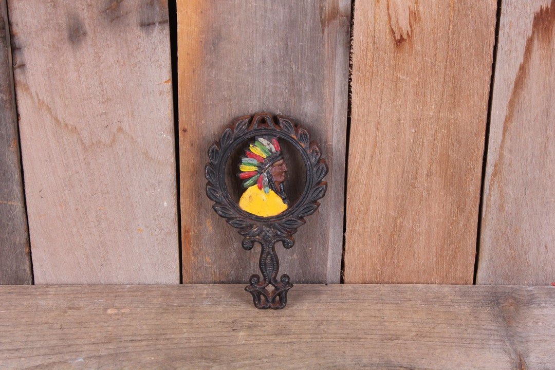 Vintage Cast Iron Mini Trivet Hand Painted Native American Head ...