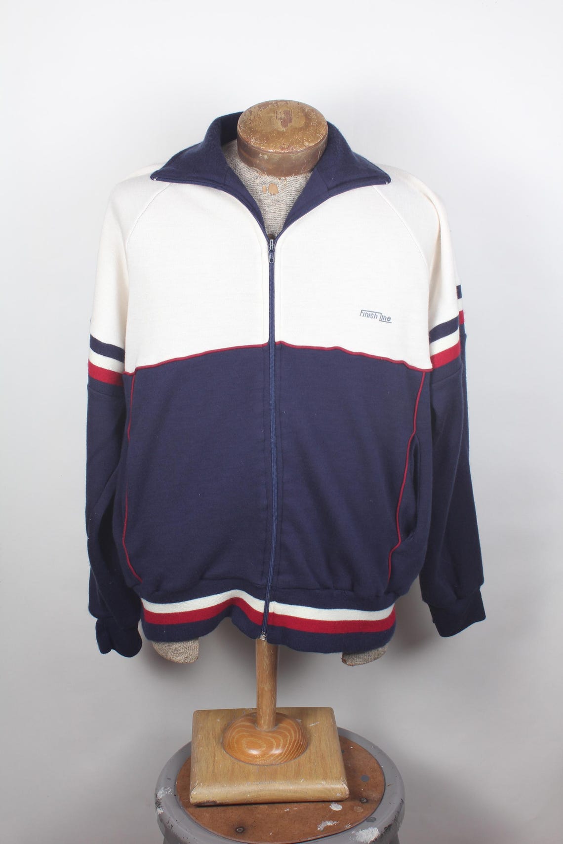 Vintage 80s Finish Line Track Jacket: Cream & Navy Zip-up, Size XL - Etsy
