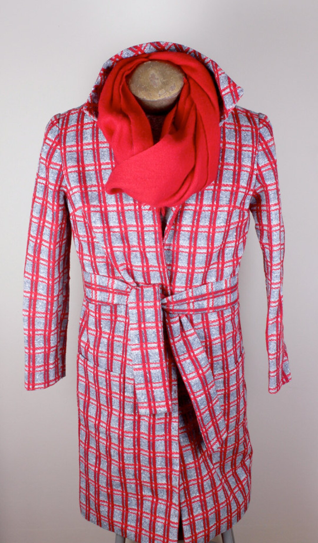 1960s Era Womens Wool Satin Lined Red White Blue Plaid Tie Full Length ...