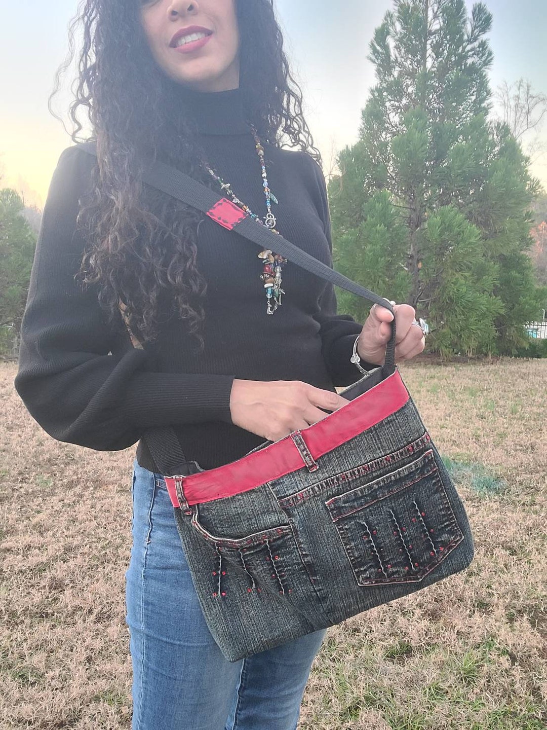 Red & Dark Blue Crossbody/ Handbag Upcycle Denim Bag, One of a Kind ...