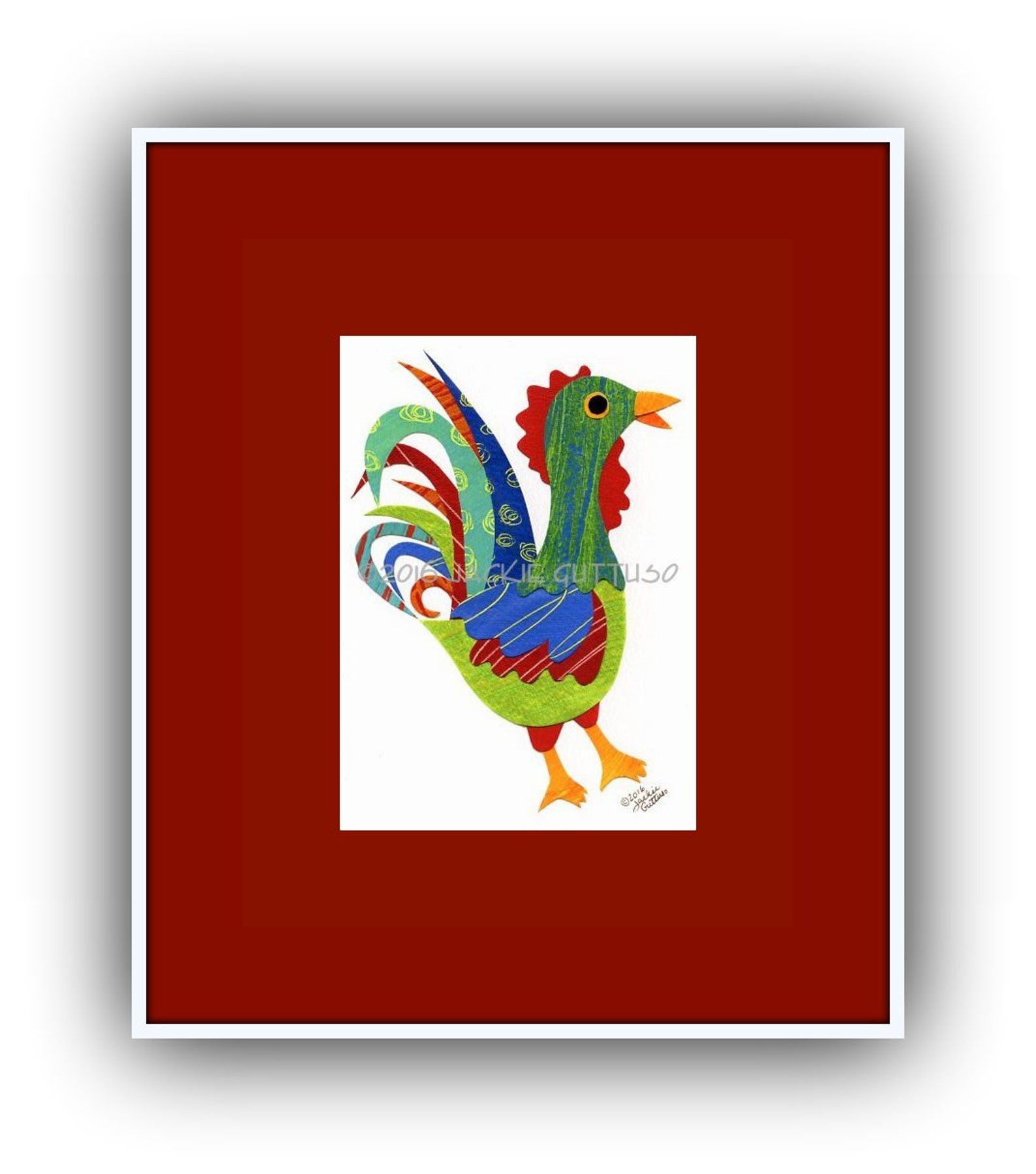 Colorful Rooster Collage Art, Giclee Print 5 X 7", Acrylic Chicken ...