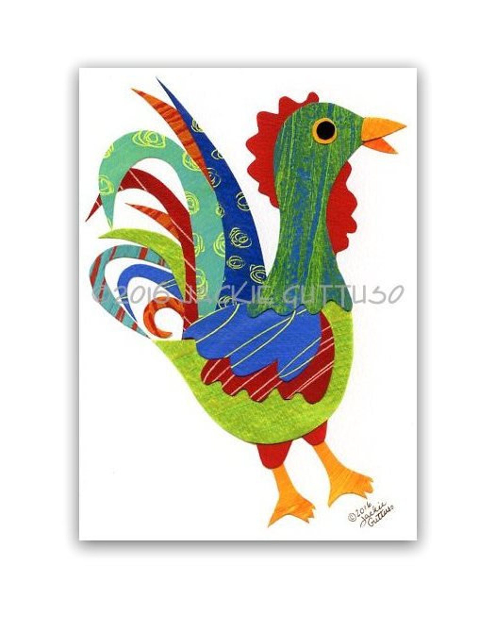 Colorful Rooster Collage Art, Giclee Print 5 X 7", Acrylic Chicken ...