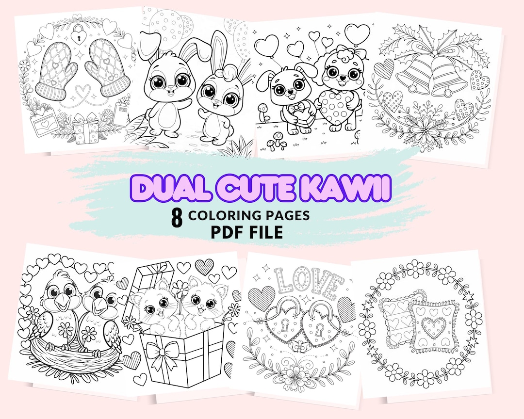 Dual Cute Kawii Coloring Pages for Adults | Printable Digital Coloring ...