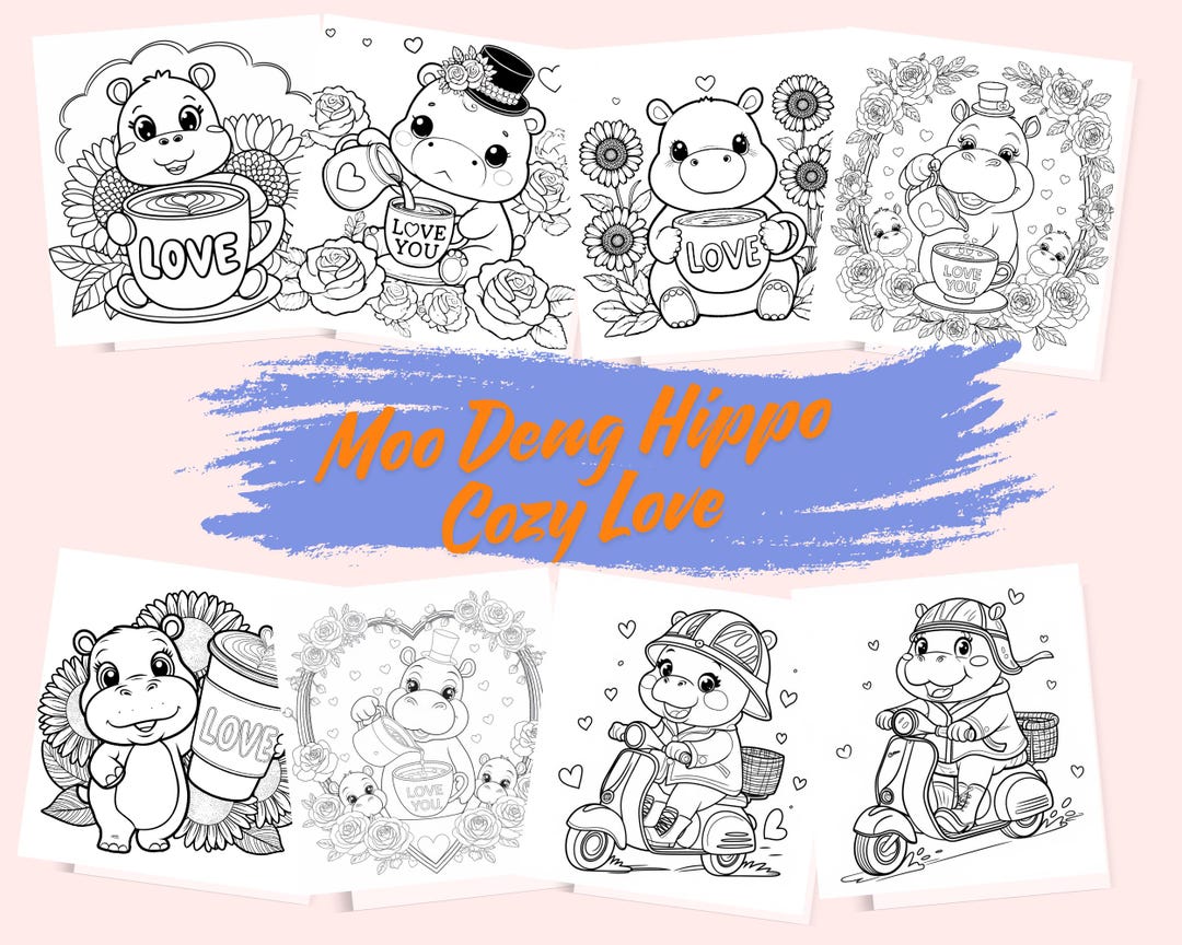 Moo Deng Hippo Cozy Love Coloring Pages for Adults | Printable Digital ...