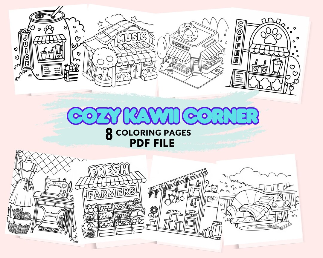 Cozy Kawii Corner Coloring Pages for Adults | Printable Digital ...