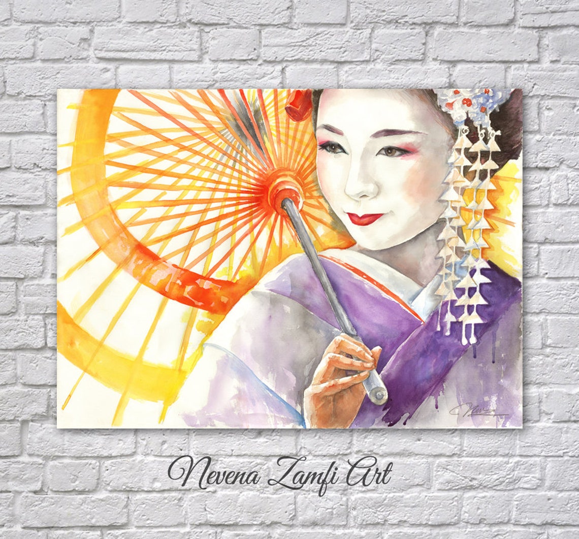 Rising Sun Geisha Art Giclée Print Watercolor Geisha Art - Etsy