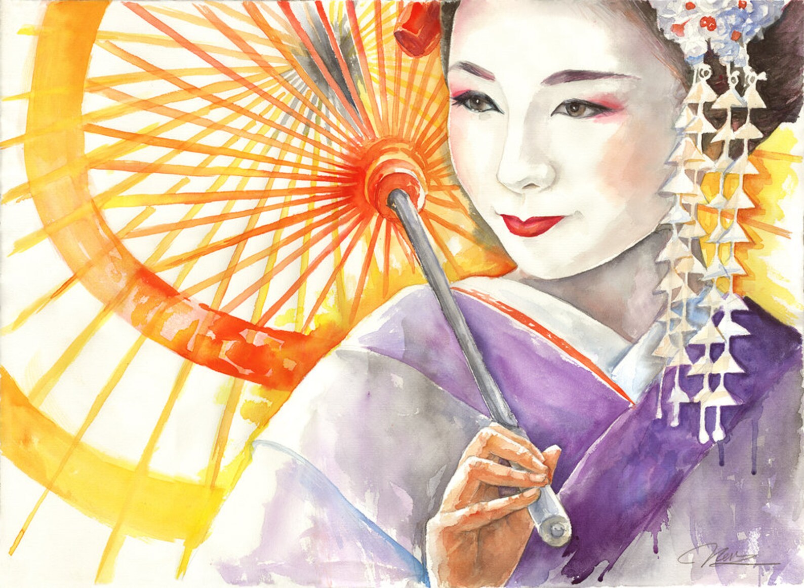 Rising Sun Geisha Art Giclée Print Watercolor Geisha Art - Etsy