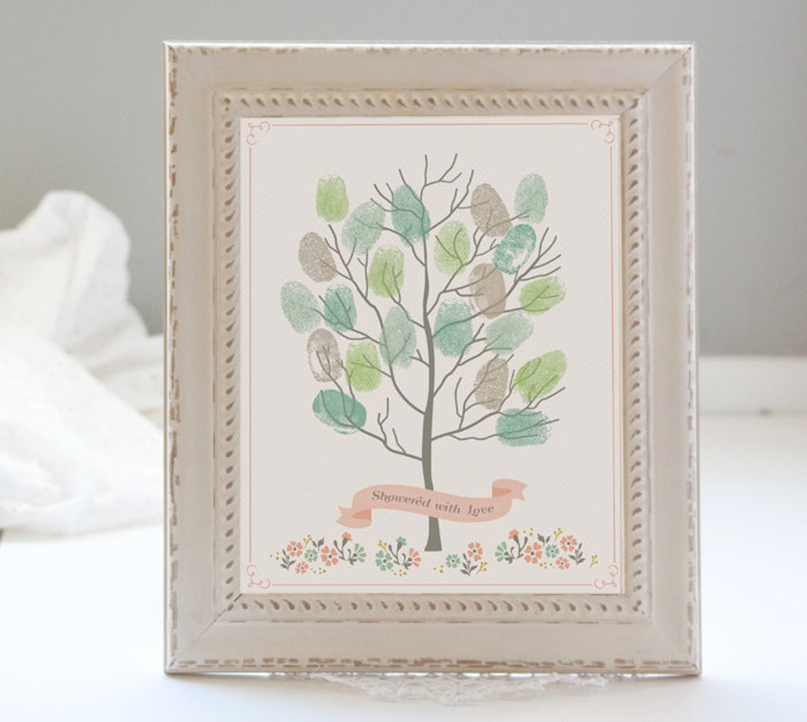 Baby Shower Guest Thumbprint Tree: Showered With Love - Record Your ...