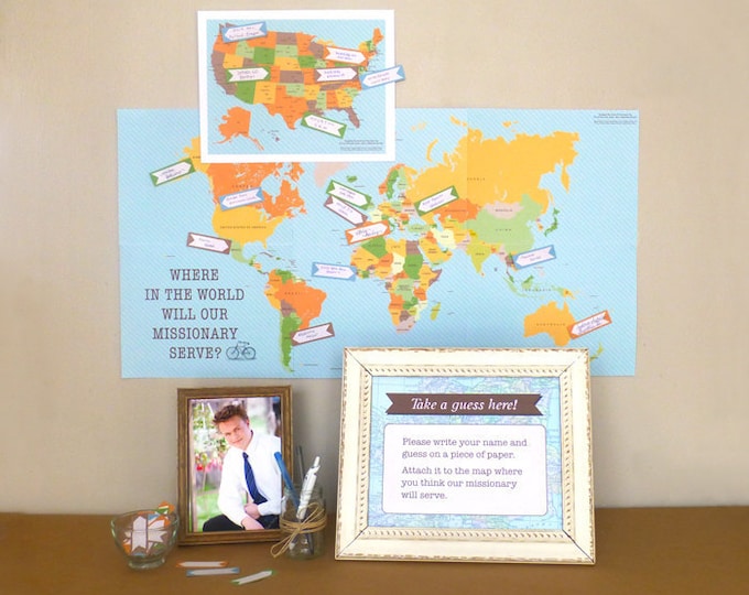 LDS Mission Reveal Party Printable Includes World Map, USA Map, Guess ...