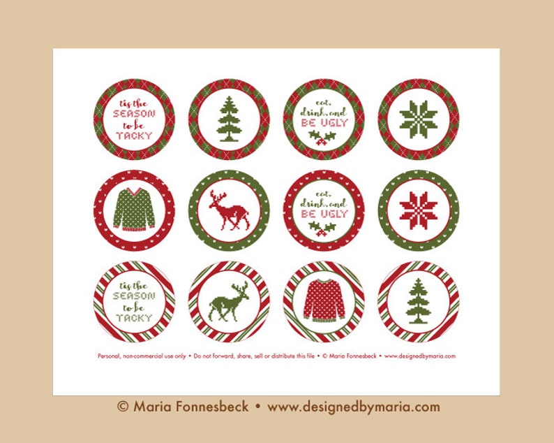 Ugly Sweater Party Cupcake Toppers Printable: 2" Party Circles -- Tacky ...