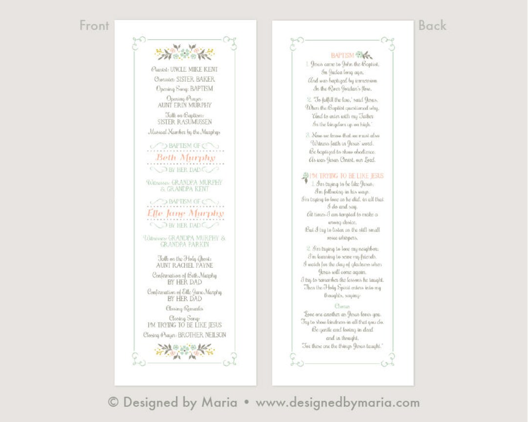 LDS Baptism Program Girl - Customize for 1 or 2 Girls - Tall Format ...