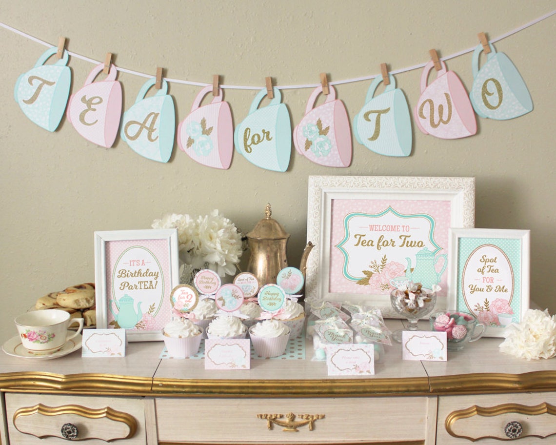 Tea for Two 2 Birthday Party Printable Set Decorations: Classic Shabby ...