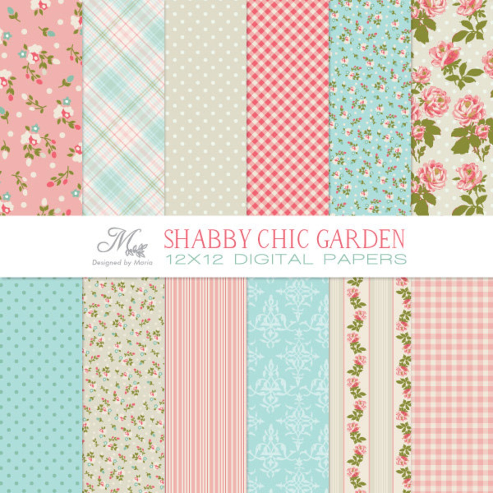 Digital Paper Shabby Chic Garden: Pink Aqua & Linen Colored - Etsy