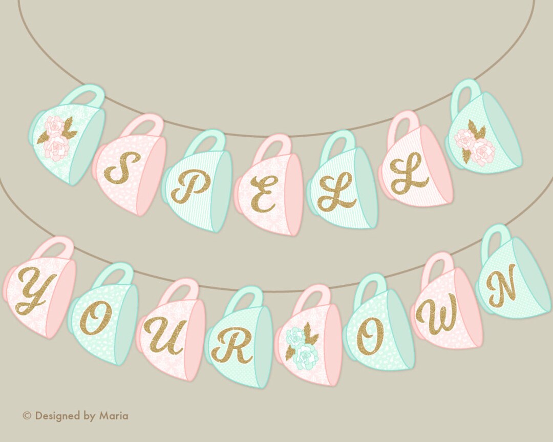 Tea Party Banner Printable Decoration Design in Pink Mint & Gold for ...
