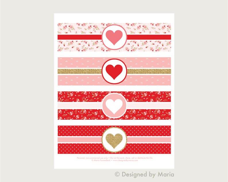 Valentine's Water Bottle Wrapper Labels for Ladies Tea, Class Parties ...