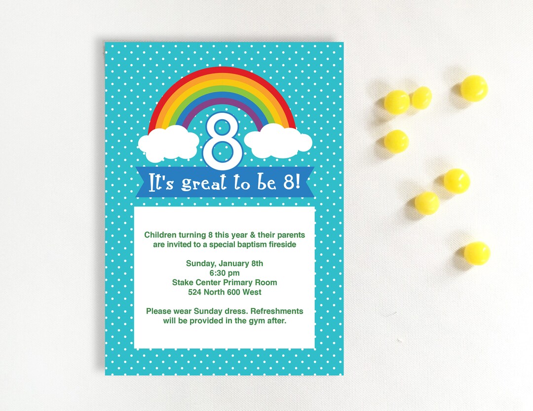 Great to Be 8 Baptism Preview Fireside EDITABLE PDF Rainbow Invite ...