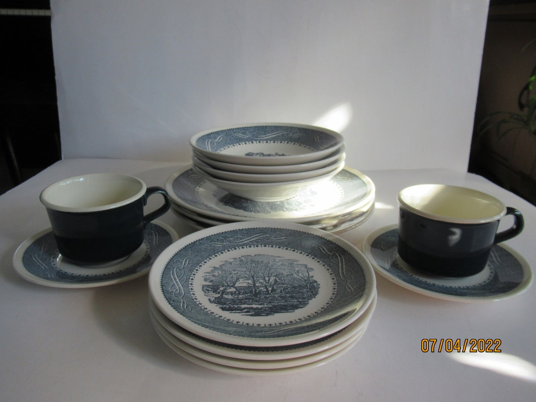 Taylor Smith Taylor Currier and Ives Blue Dishes 15 Pieces - Etsy