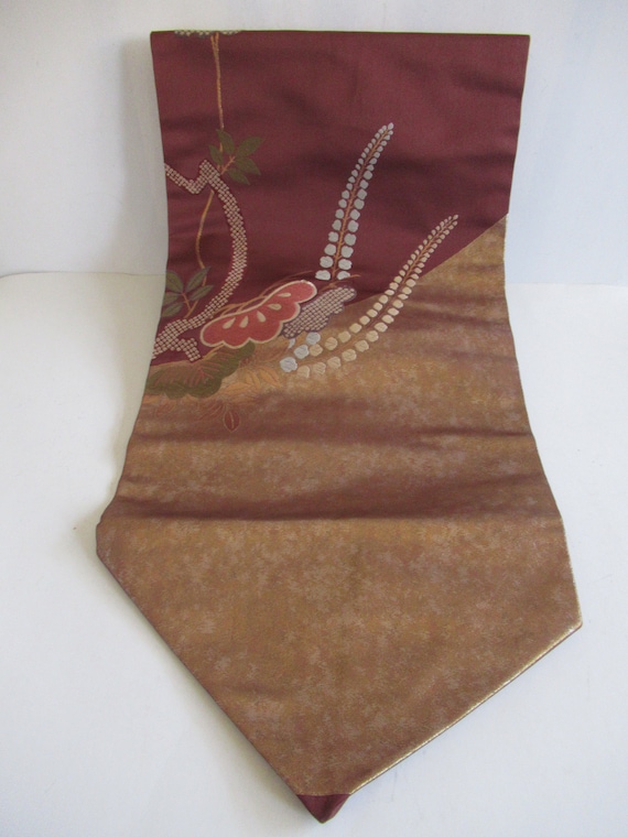 Japanese Obi Rust Red and Gold With Flowers and Gree… - Gem