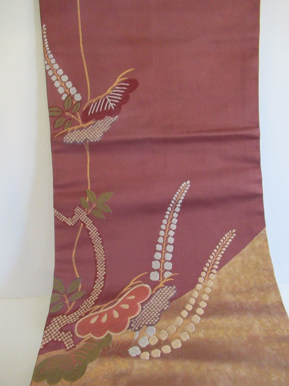Japanese Obi Rust Red and Gold With Flowers and Gree… - Gem