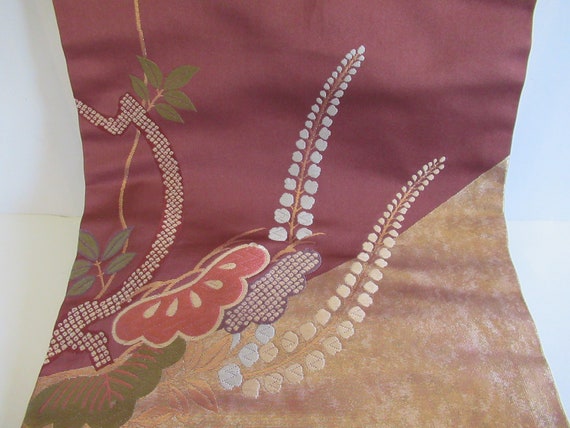 Japanese Obi Rust Red and Gold With Flowers and Gree… - Gem