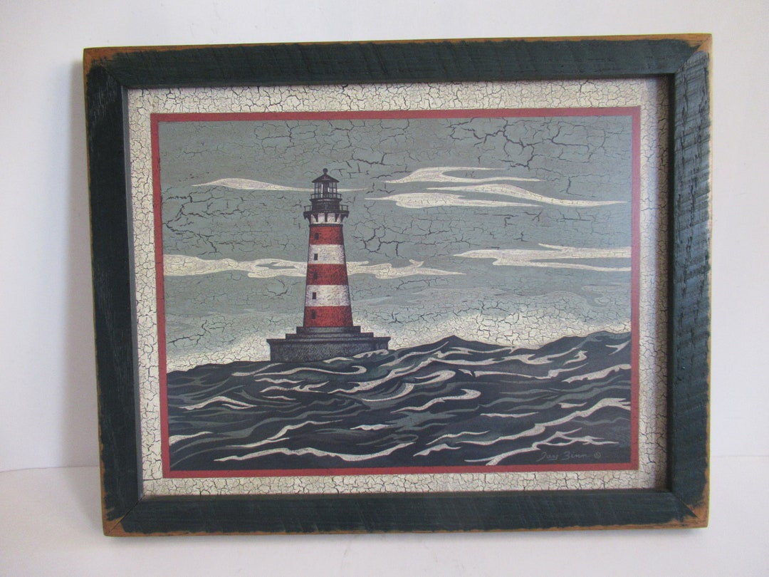 Jay Zinn Red White Lighthouse Print Textured Crackled - Etsy
