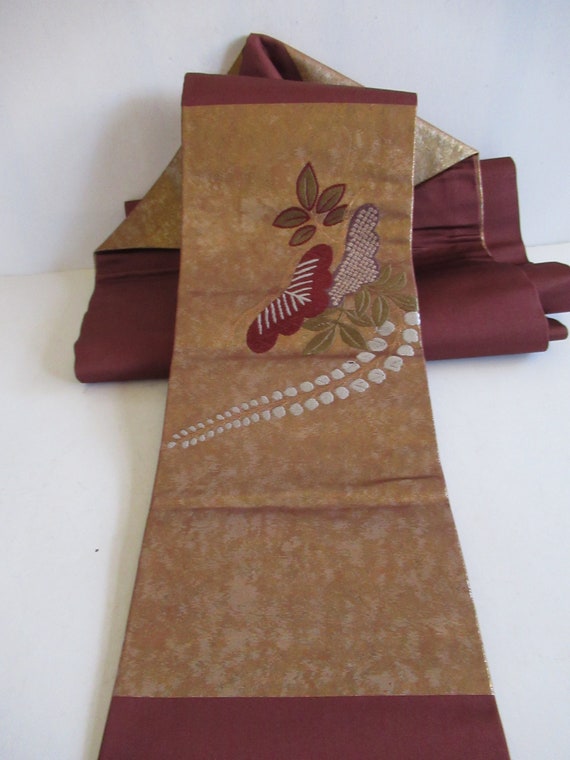 Japanese Obi Rust Red and Gold With Flowers and Gree… - Gem
