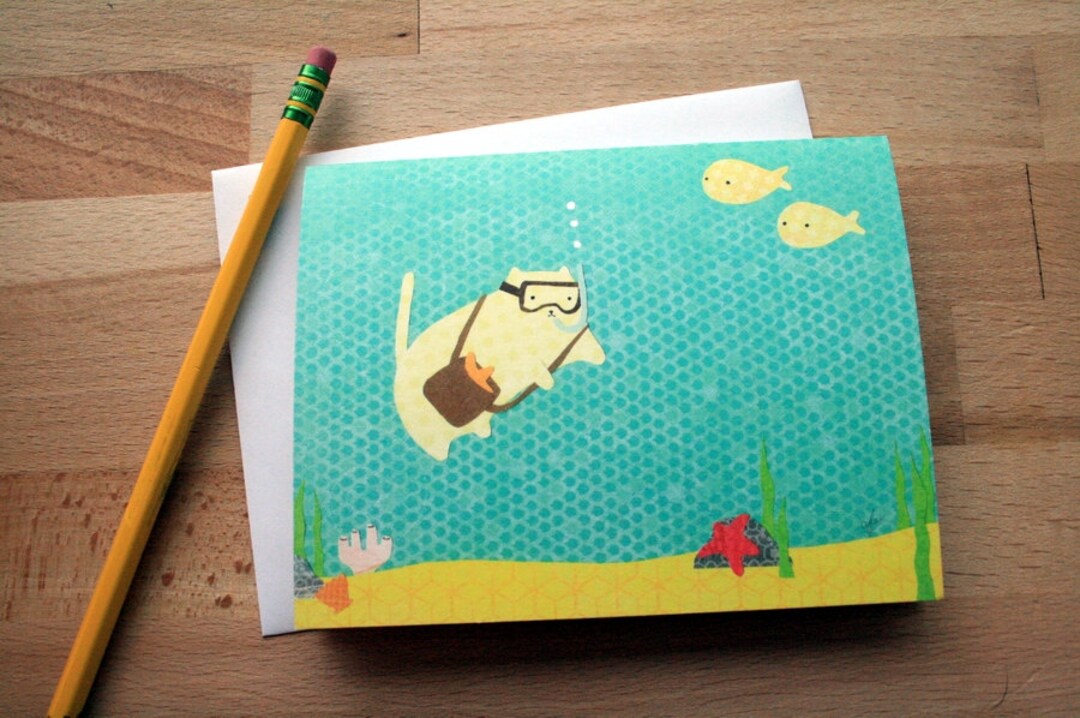 CARD: Scuba Diving Cat Snorkeling Cat Card Jacques - Etsy