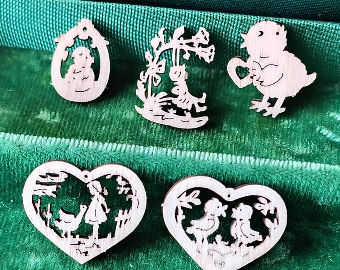 5 Miniature Wood Easter Ornaments: Girl on Swing; Goose Girl; Chick ...