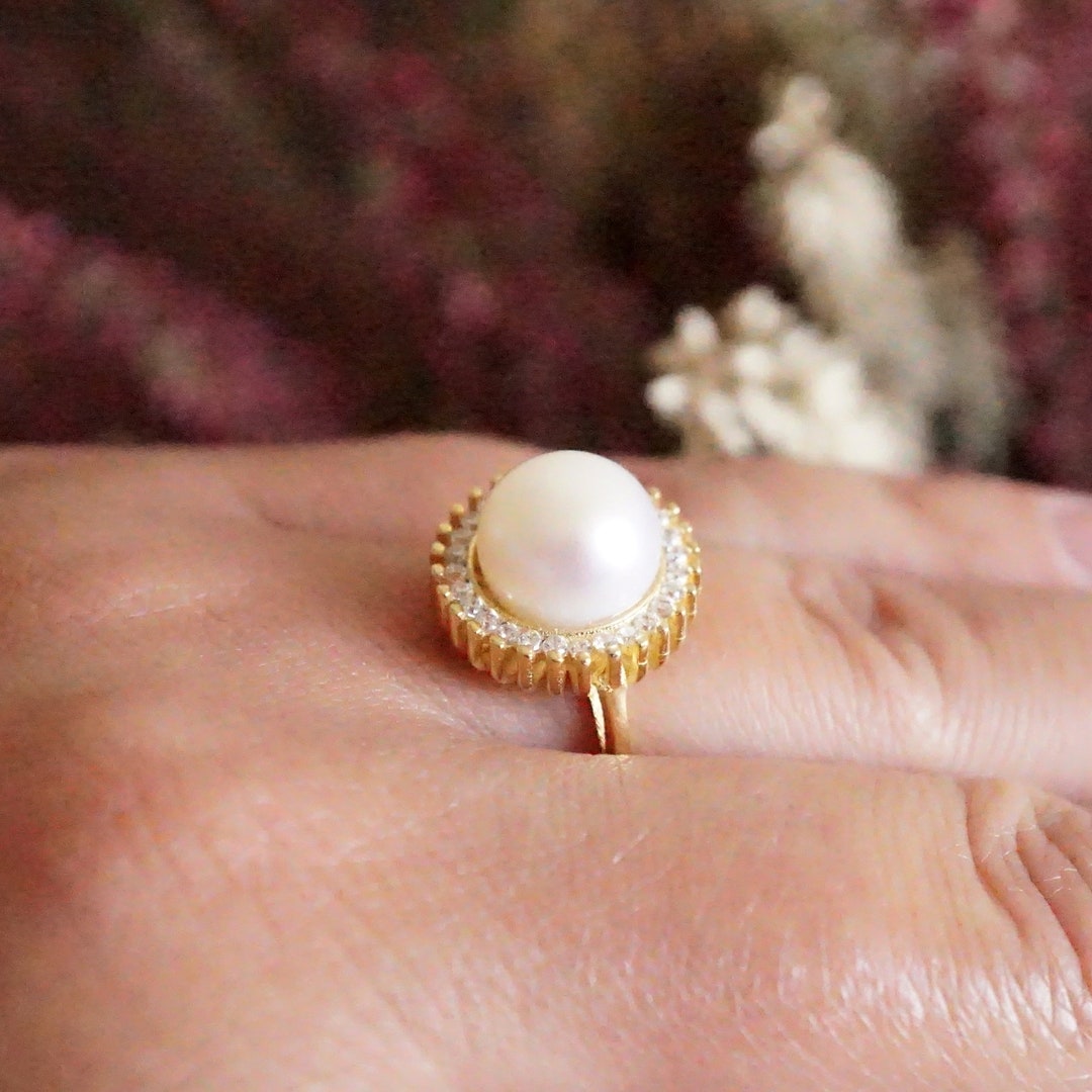 Buy Real Pearl CZ Ring, Fresh Water Pearl Ring, Crystal and Pearl Ring ...