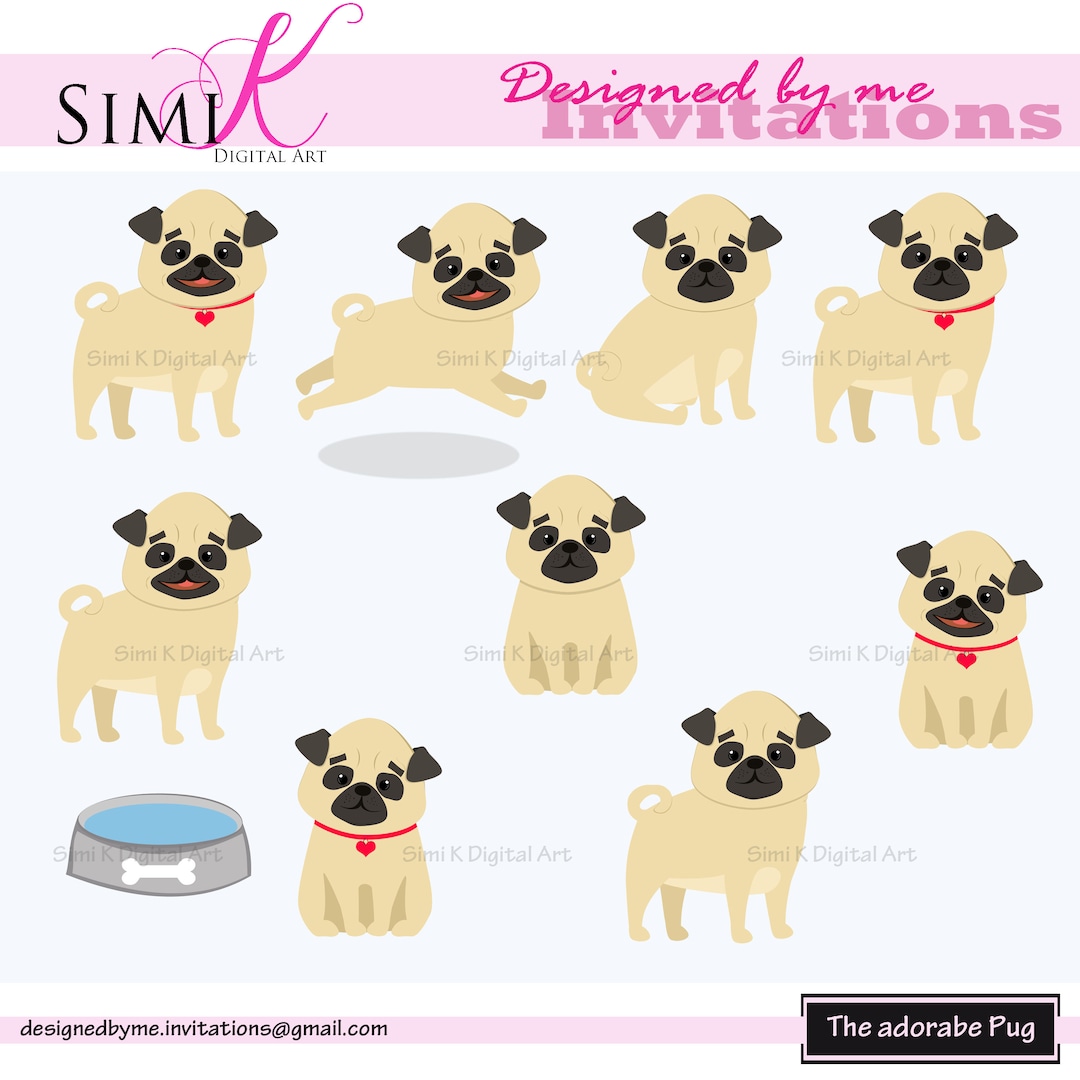 The Adorable Pug Clip Art Set, Dog Art Graphics, Cute Pug Clip Art, Pug ...