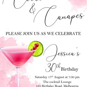 Cocktail and Canapes Party Invitation, Cocktail Glass Birthday ...