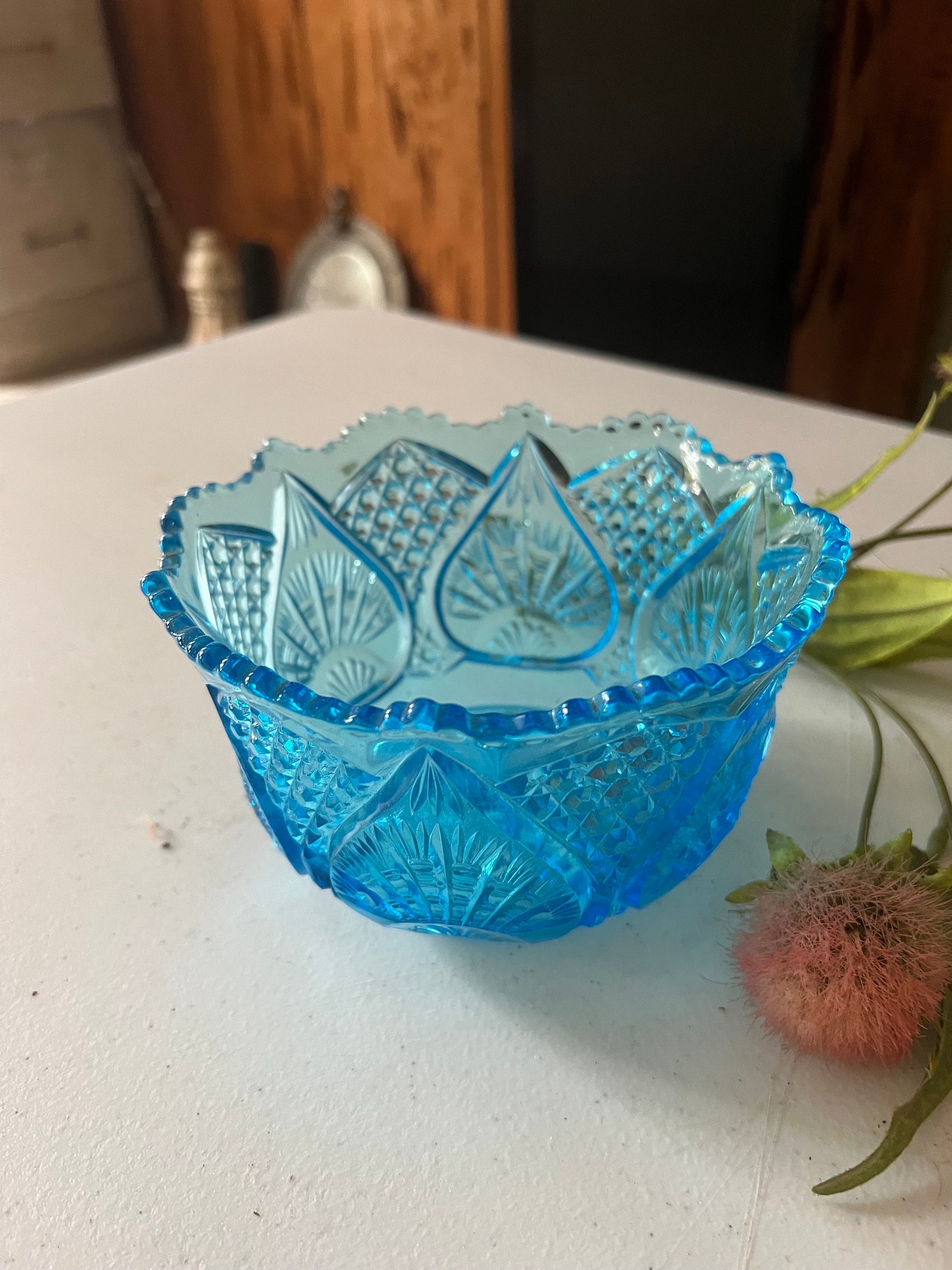 Vintage Depression Turqiose Blue Goass Bowl Diamond Cut Cottage Chic - Etsy