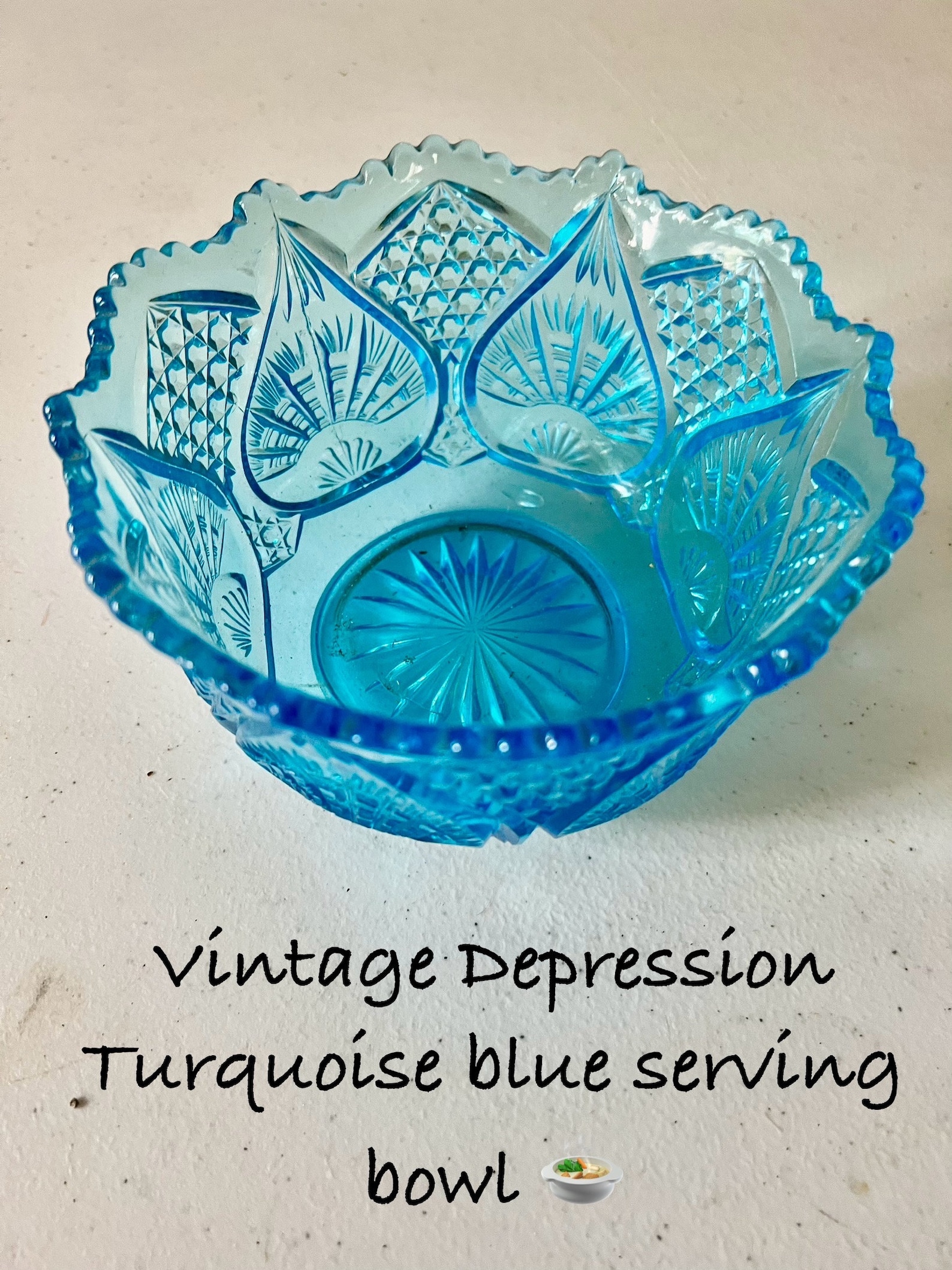 Vintage Depression Turqiose Blue Goass Bowl Diamond Cut Cottage Chic - Etsy