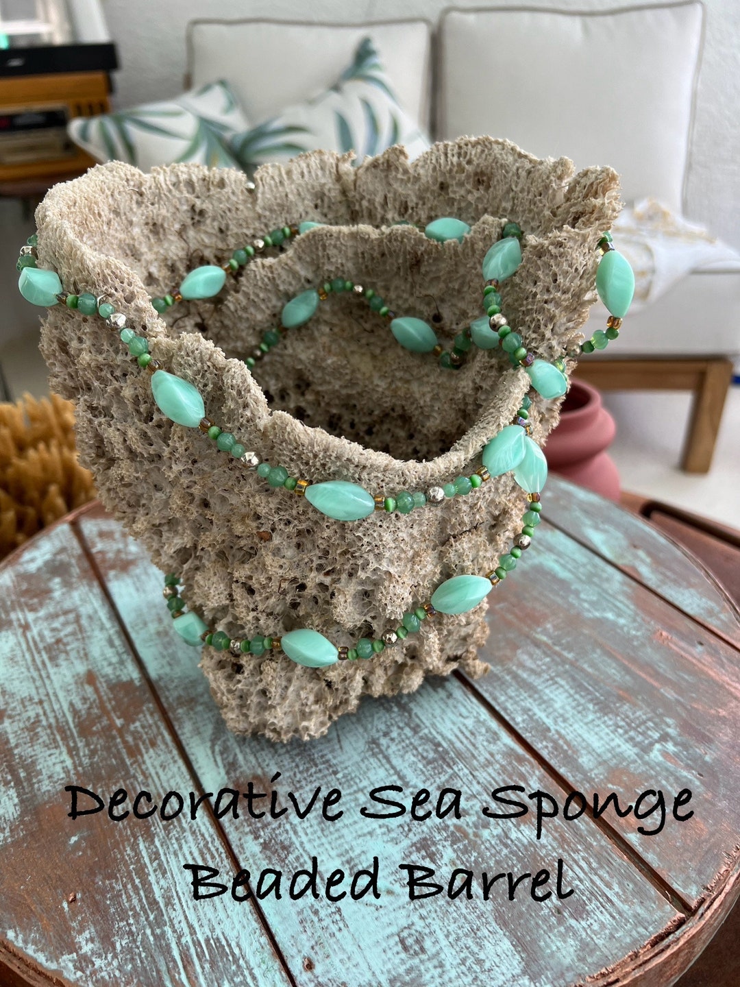 Hand Beaded Mint Green Barrel of Fun Nautical Display Natural Sea ...