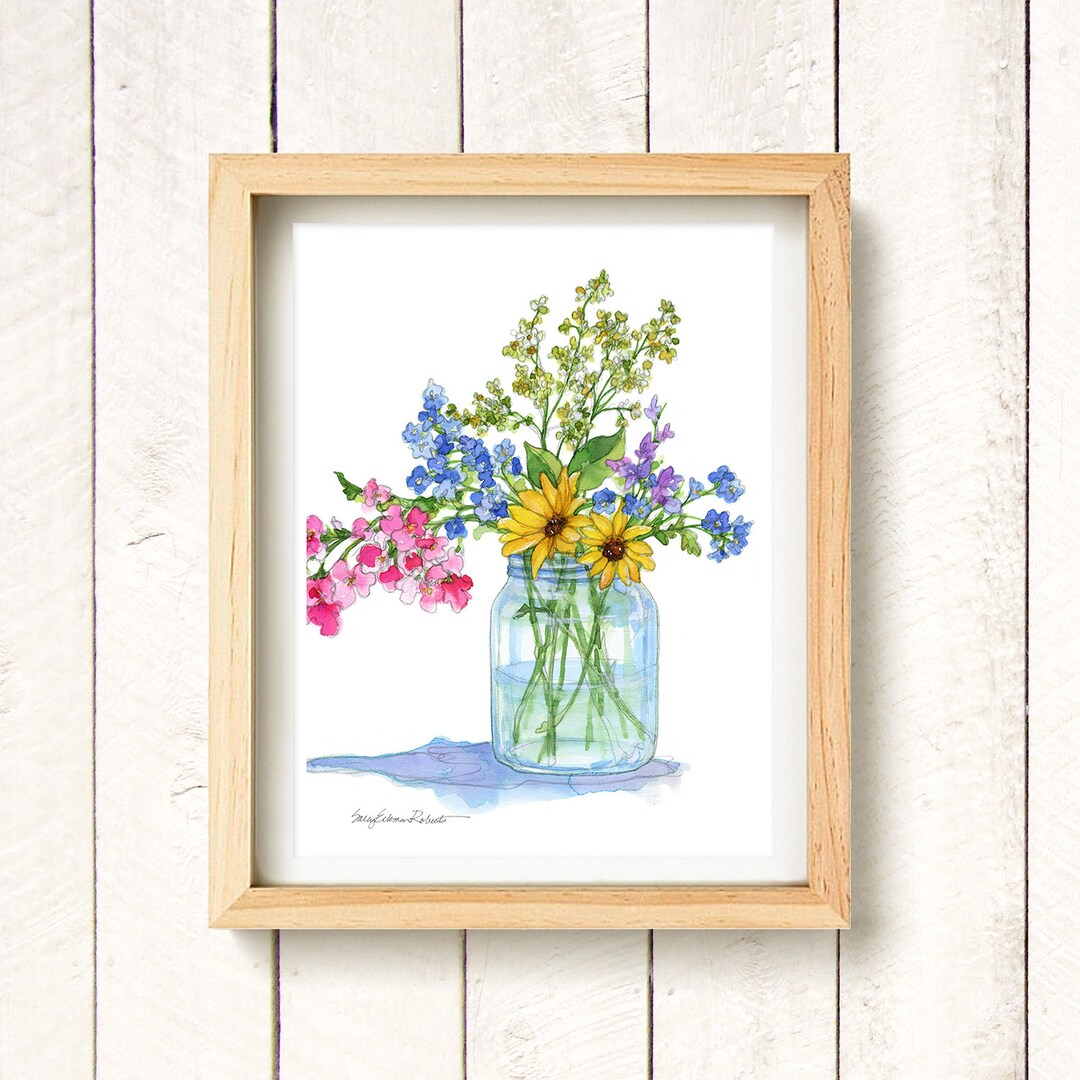 Jars of Sunshine 2 - Flower Bouquet Wildflowers - Watercolor Art Print ...