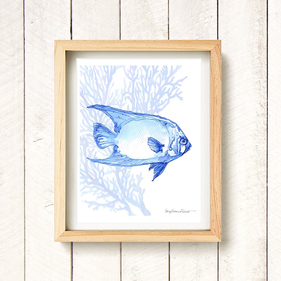Indigo Ocean Fish Watercolor Art Print 8.5x11 | Etsy