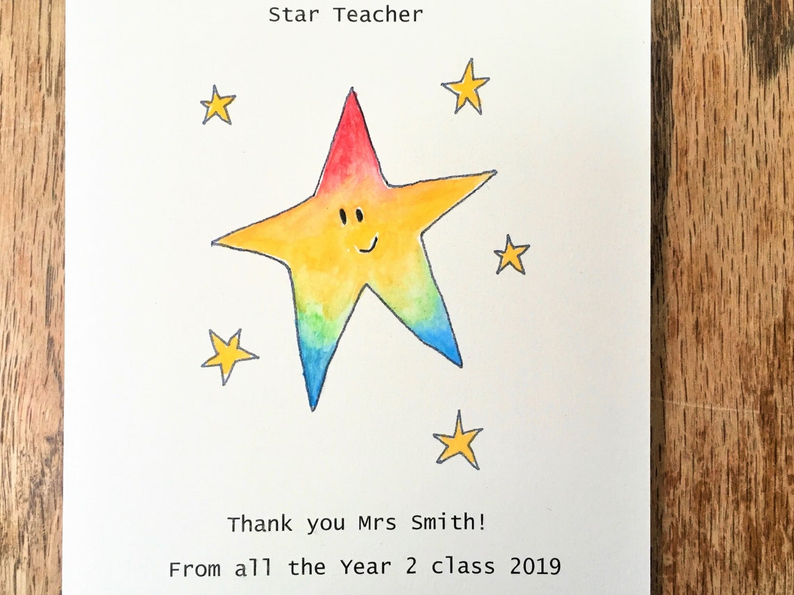 Rainbow Star Teacher Thank You Card Can Be Personalised Hand-painted ...