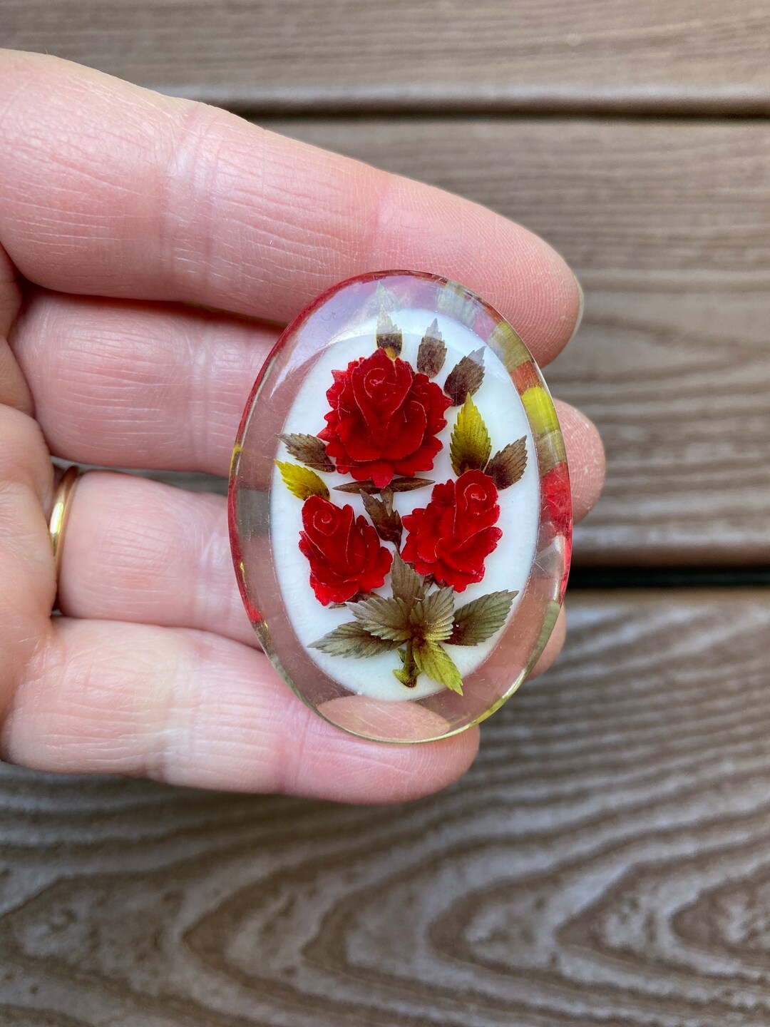 Vintage Jewelry Gorgeous Reverse Painted Red Rose Flowers in Lucite Pin ...
