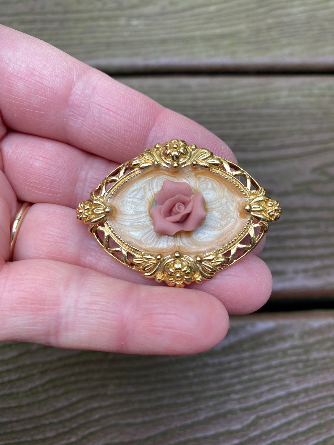 Vintage Jewelry Beautiful Avon Pink Rose Flower and Enamel Victorian ...