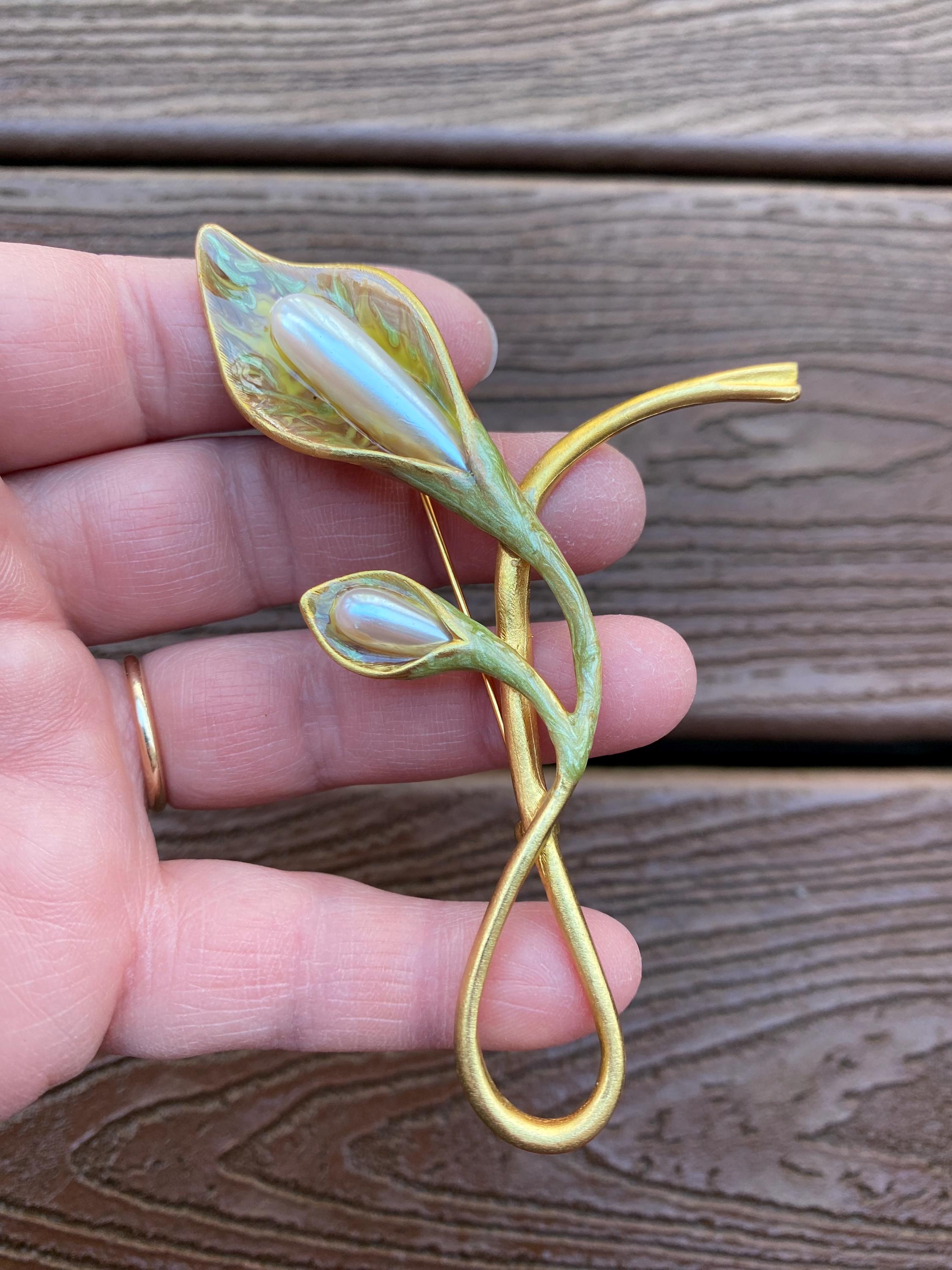 Vintage Jewelry Gorgeous Enamel and Pearl Calla Lily Flower Pin Brooch ...