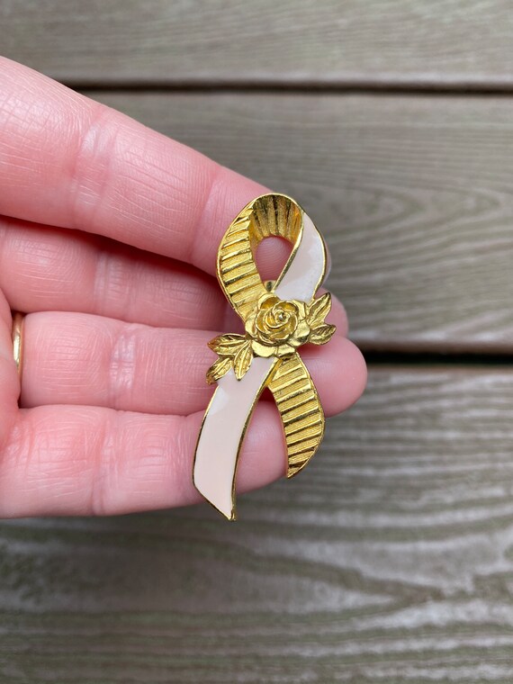Vintage Avon Lovely Gold Tone and Enamel Pink Ribbon With Rose - Etsy