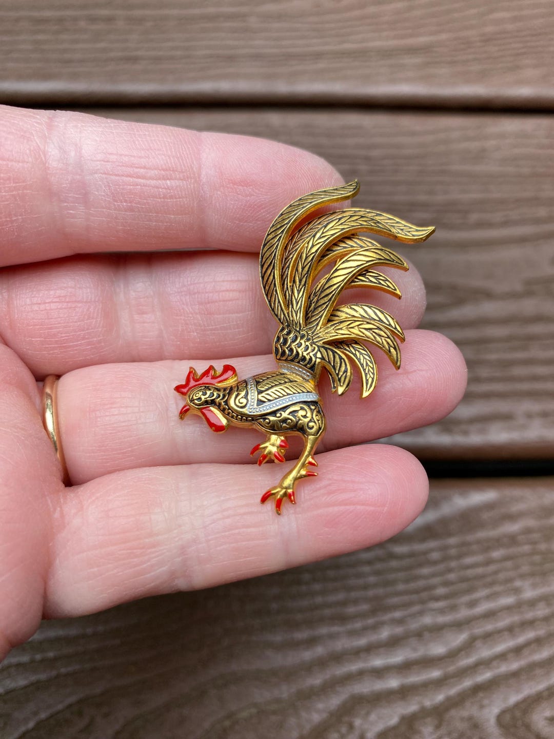 Vintage Jewelry Beautiful Damascene Detailed Rooster Chicken Pin Brooch ...