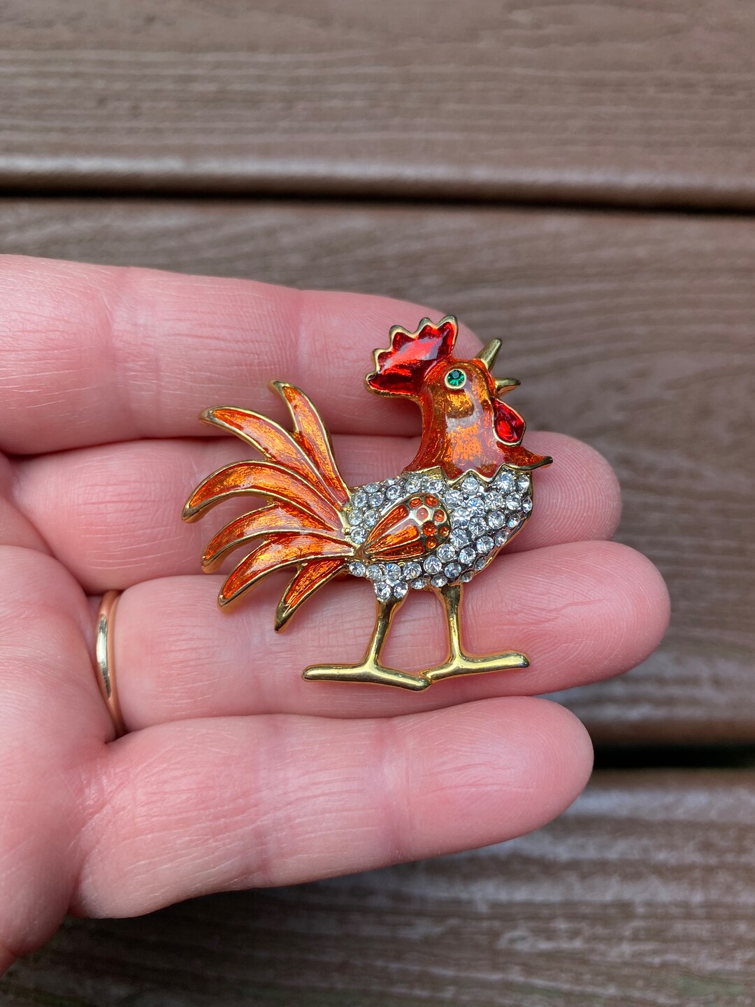 Vintage Jewelry Adorable Rhinestone and Enamel Rooster Chicken Pin ...
