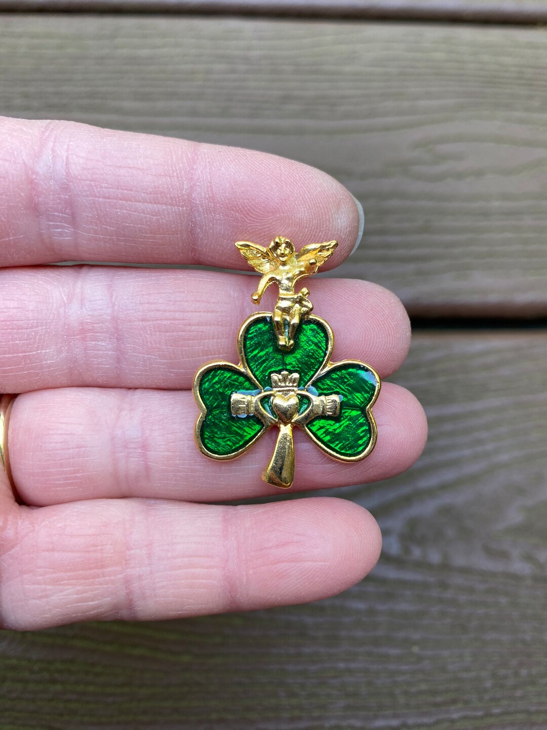 Vintage Jewelry Beautiful Angel With Irish Claddagh Shamrock Pin Brooch ...