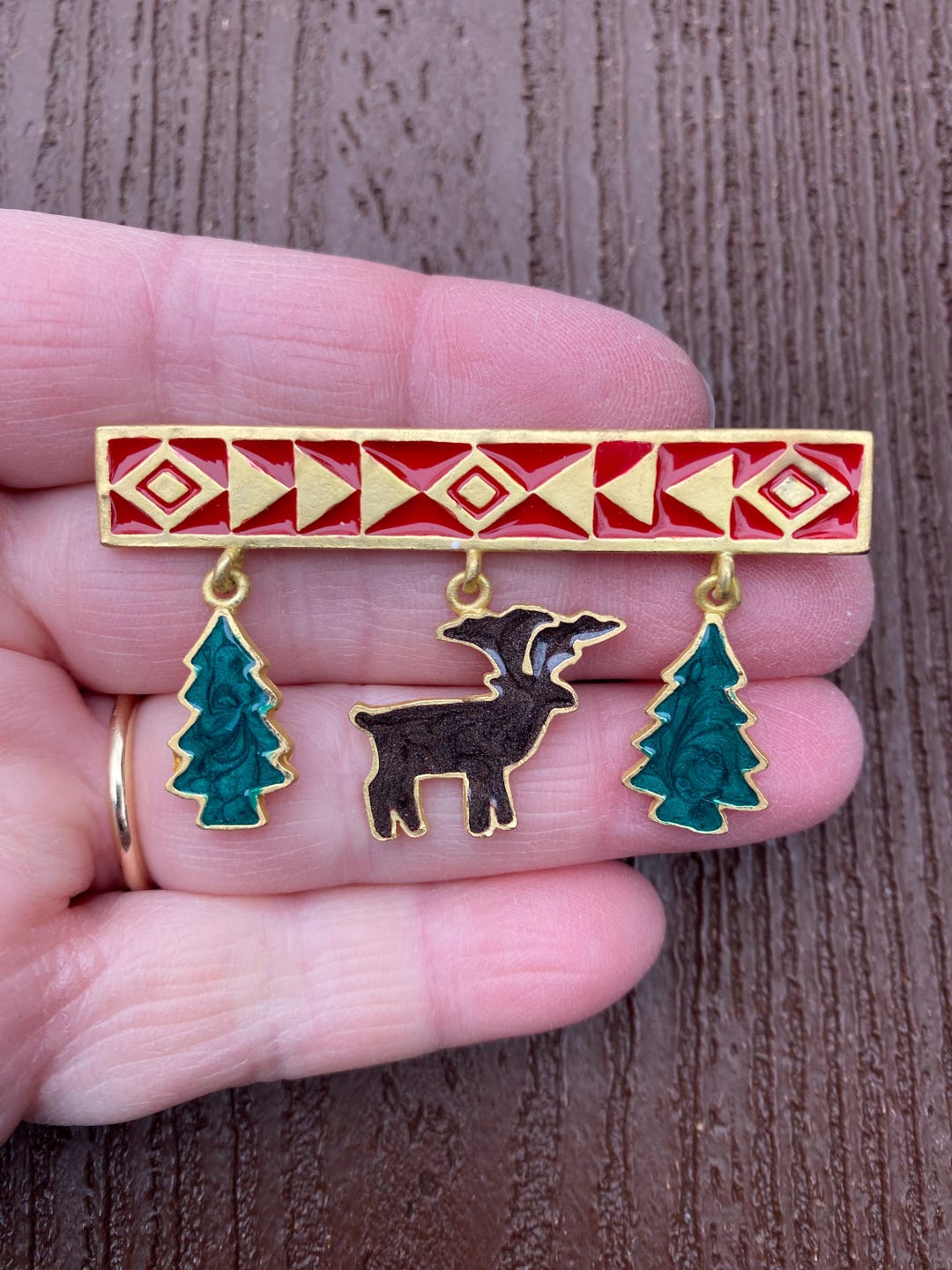 Vintage Jewelry Beautiful Gold Tone and Enamel Moose With Pine Trees ...
