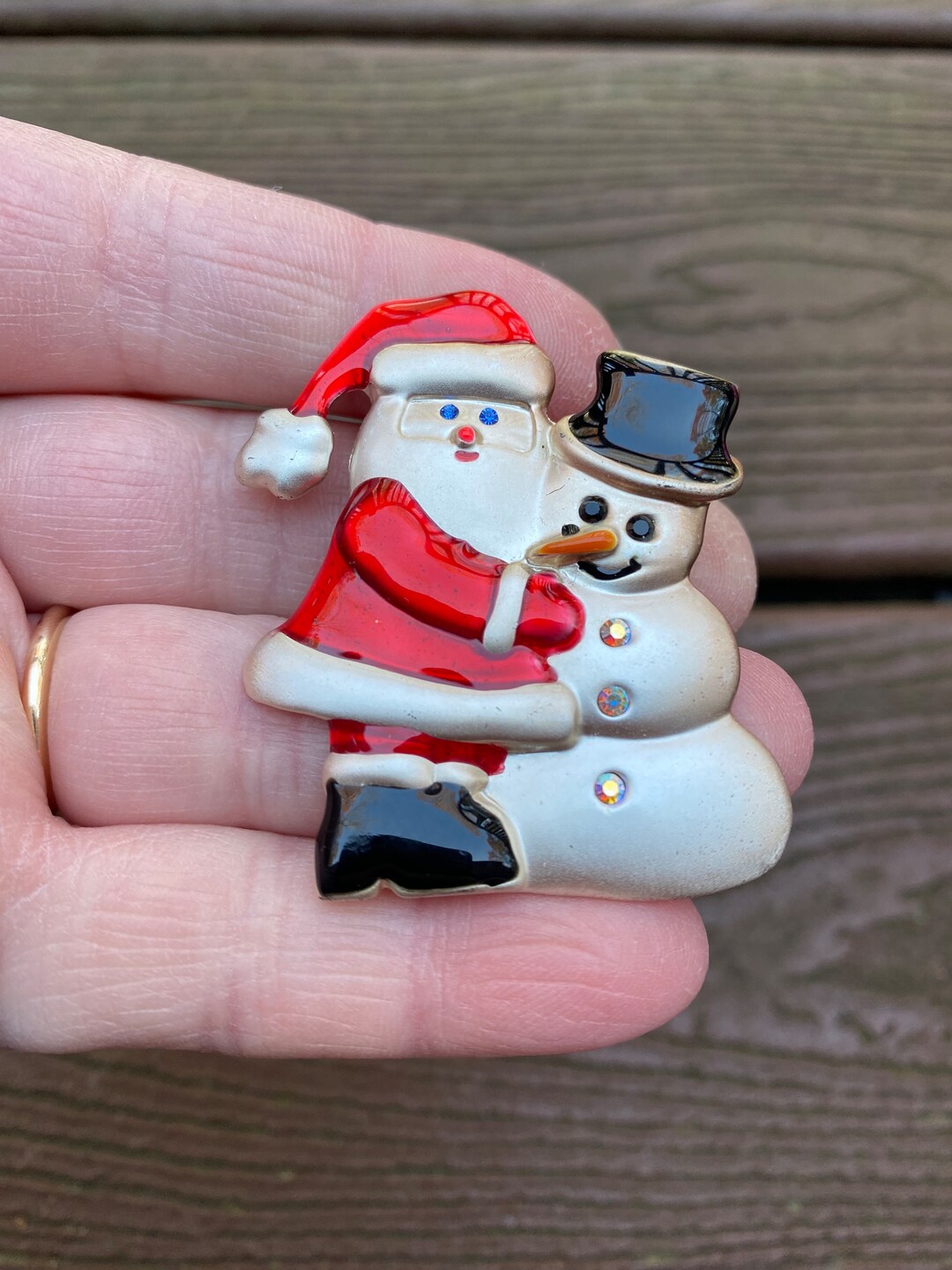 Vintage Jewelry Beautiful Enamel Santa Hugging Snowman Reverse Side ...